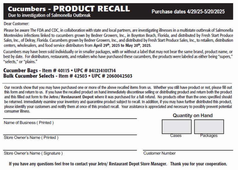 Recall on Cucumbers | Restaurant Depot